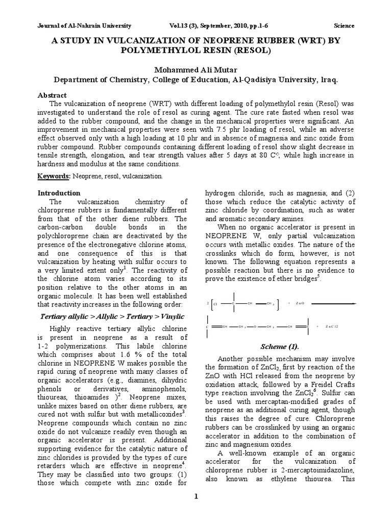 A Study in Vulcanization of Neoprene Rubber (WRT) y Polymethylol Resin ...
