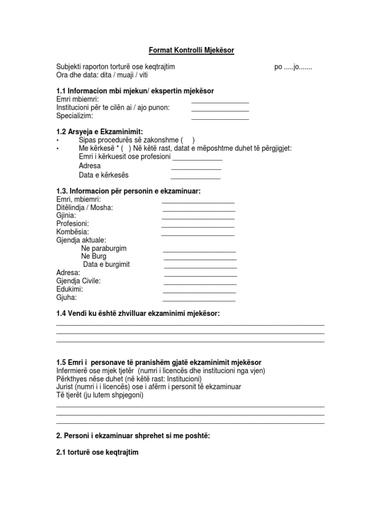 Format Kontrolli Mjekësor Dokumentimi I Torturës Dhe Akteve Çnjerëzore ...