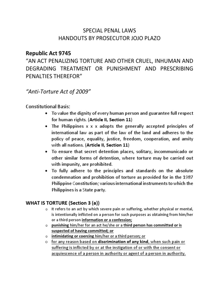 Republic Act 9745: Special Penal Laws Handouts by Prosecutor Jojo Plazo ...