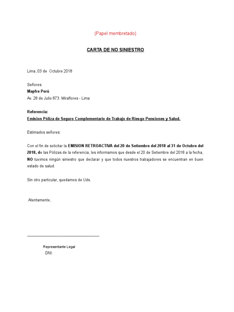 Carta No Siniestro SCTR (Formato) | PDF