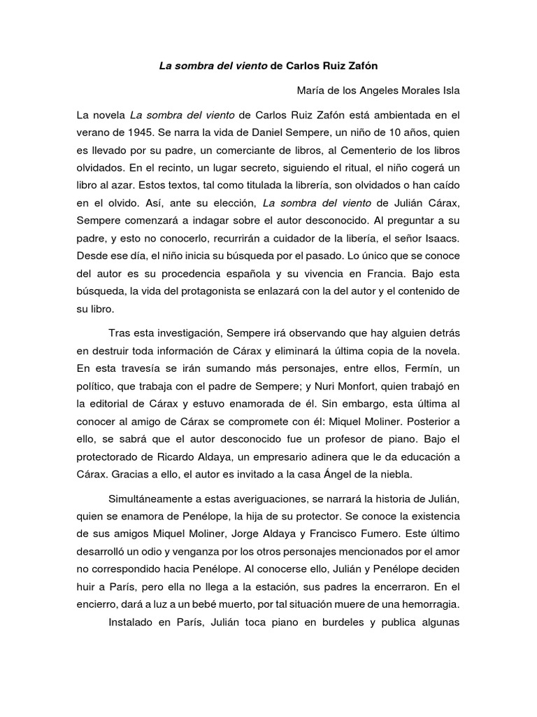 La Sombra Del Viento de Carlos Ruiz Zafón | PDF