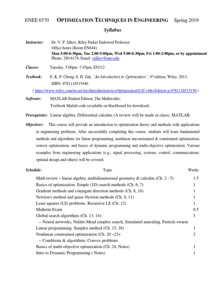 Optimization Techniques in Engineering: Spring 2019 Syllabus | PDF | Mathematical Optimization ...