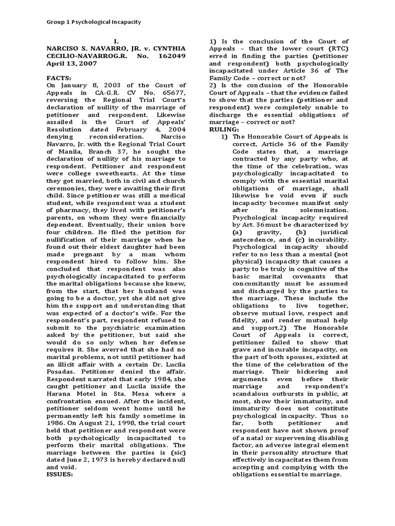 Psychological Incapacity CASES | PDF | Marriage | Child Custody