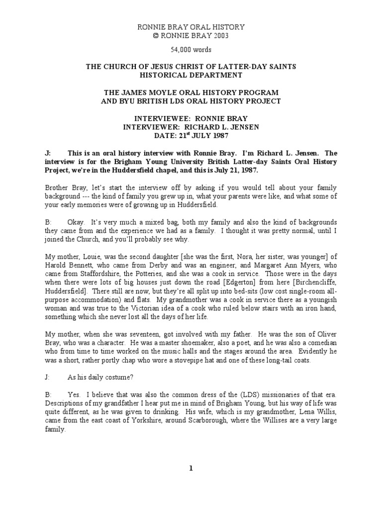 045 Ronnie Bray Oral History | PDF | The Church Of Jesus Christ Of ...