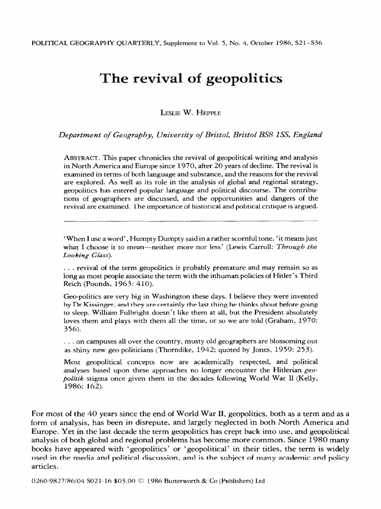 The Revival of Geopolitics: Department of Geography, Uniuersity of ...