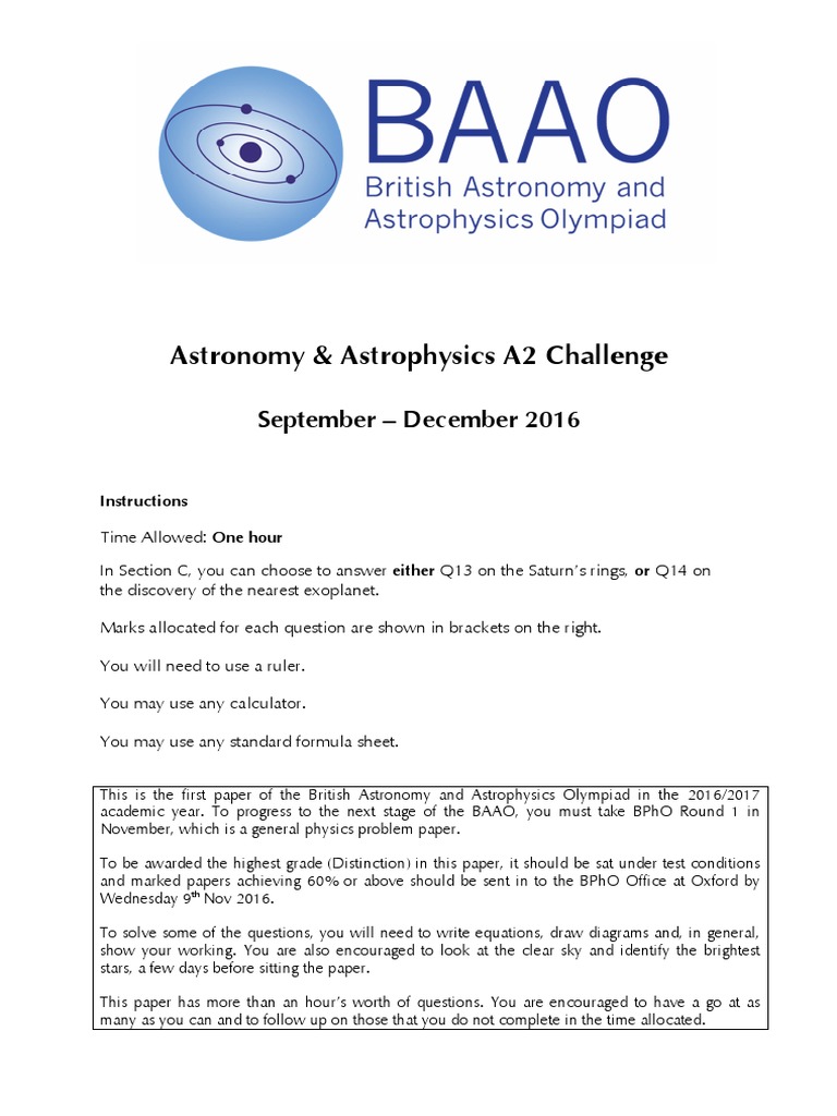2016 A2 Astronomy Astrophysics Challenge Sept Question Paper | PDF ...