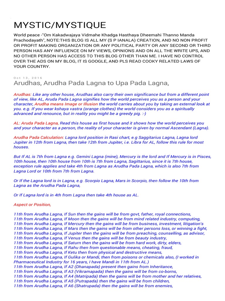 Arudhas, Arudha Pada Lagna To Upa Pada Lagna | PDF | Divination | Hindu ...