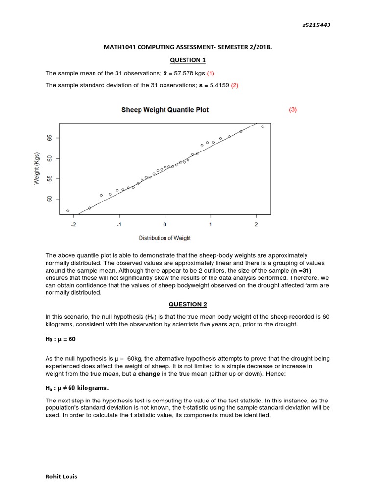 MATH1041 Computing Assessment Analysis | PDF | Confidence Interval | P Value