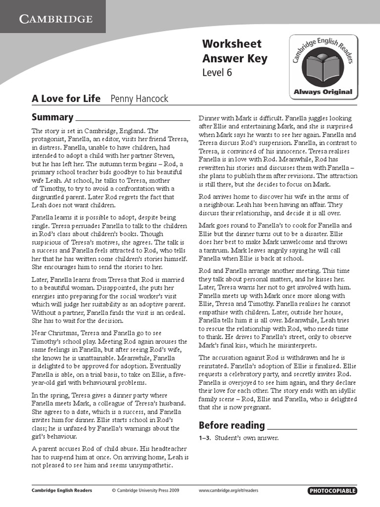 Worksheet Answer Key: A Love For Life | PDF