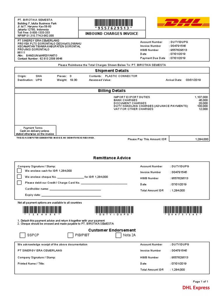Inbound Charges Invoice PT Birotika | PDF | Invoice | Payments