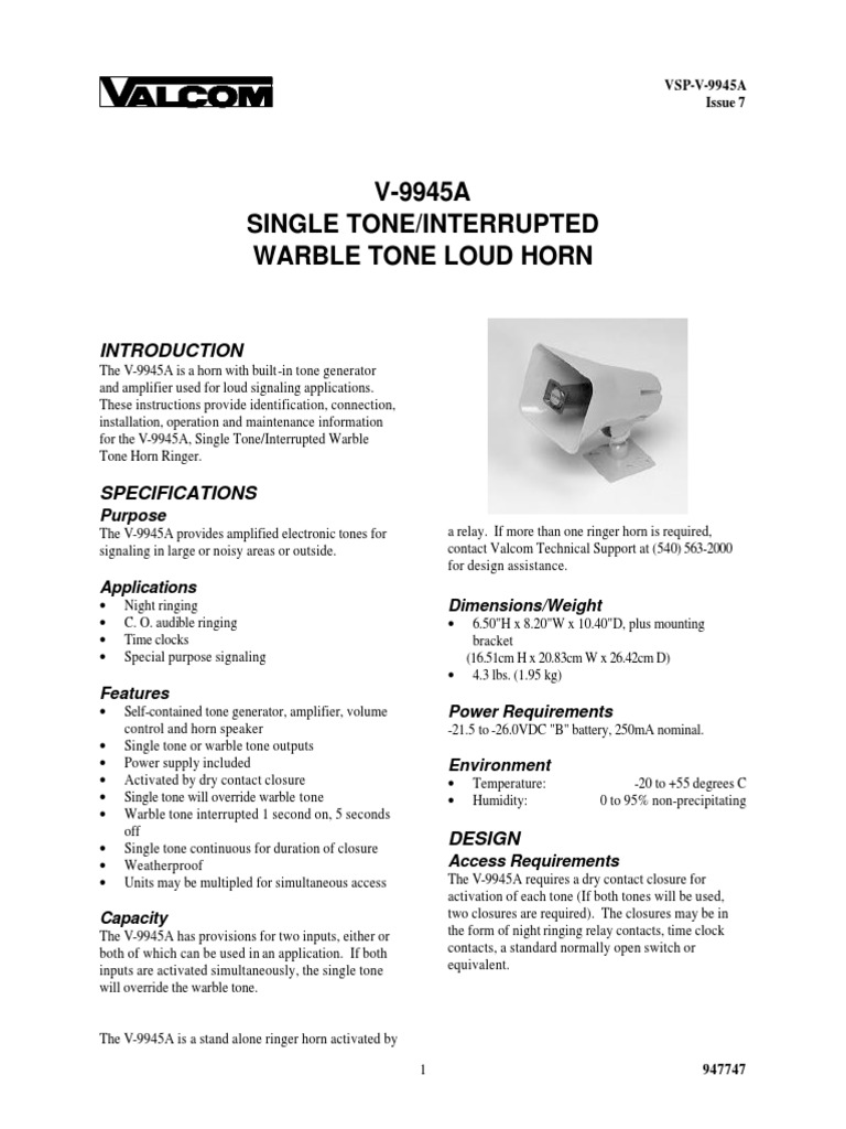 Valcom V 9945A Single Tone Interrupted Warble Tone Horn | PDF ...