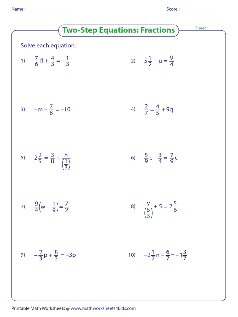 Two-Step Equations: Fractions: Score: Name | PDF | Teaching Mathematics ...