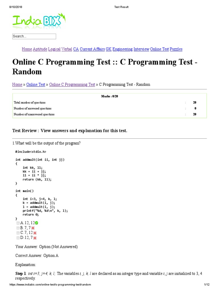 Online C Programming Test:: C Programming Test - Random: CA Current ...