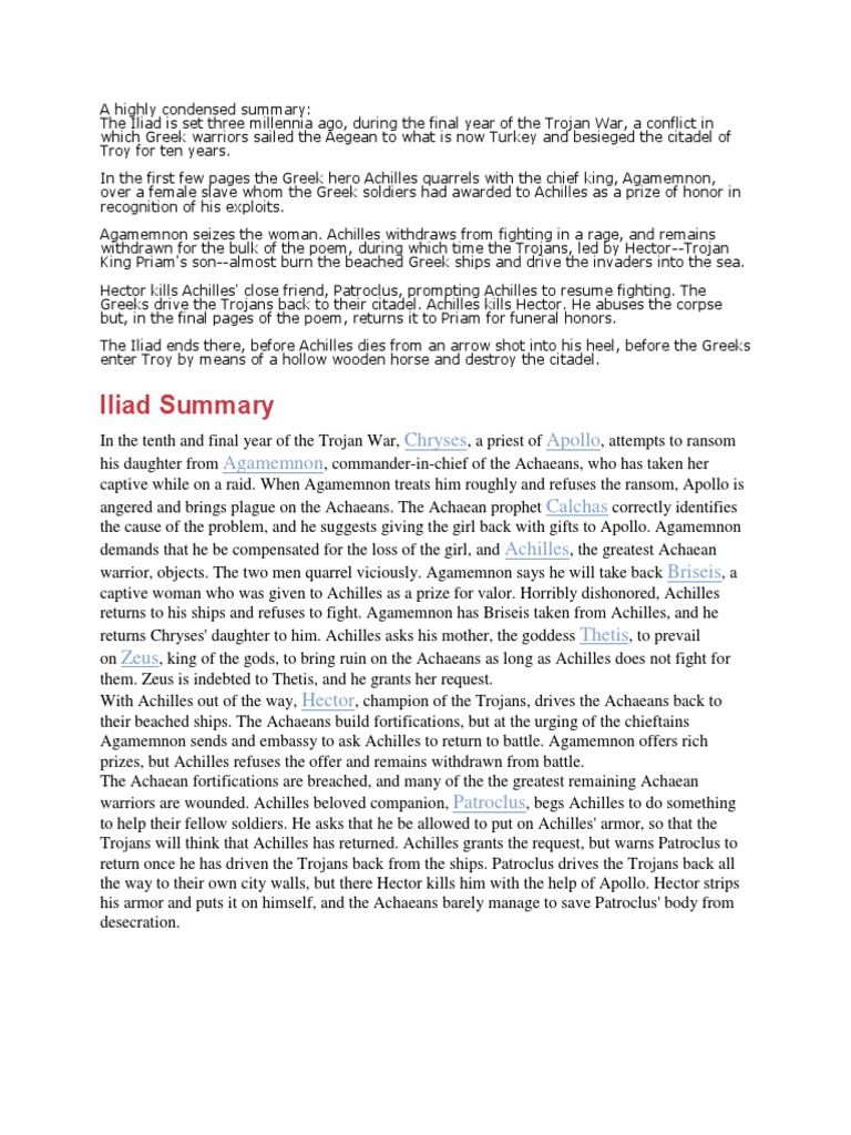 Iliad Summary: Chryses Apollo Agamemnon Calchas Achilles Briseis | PDF ...