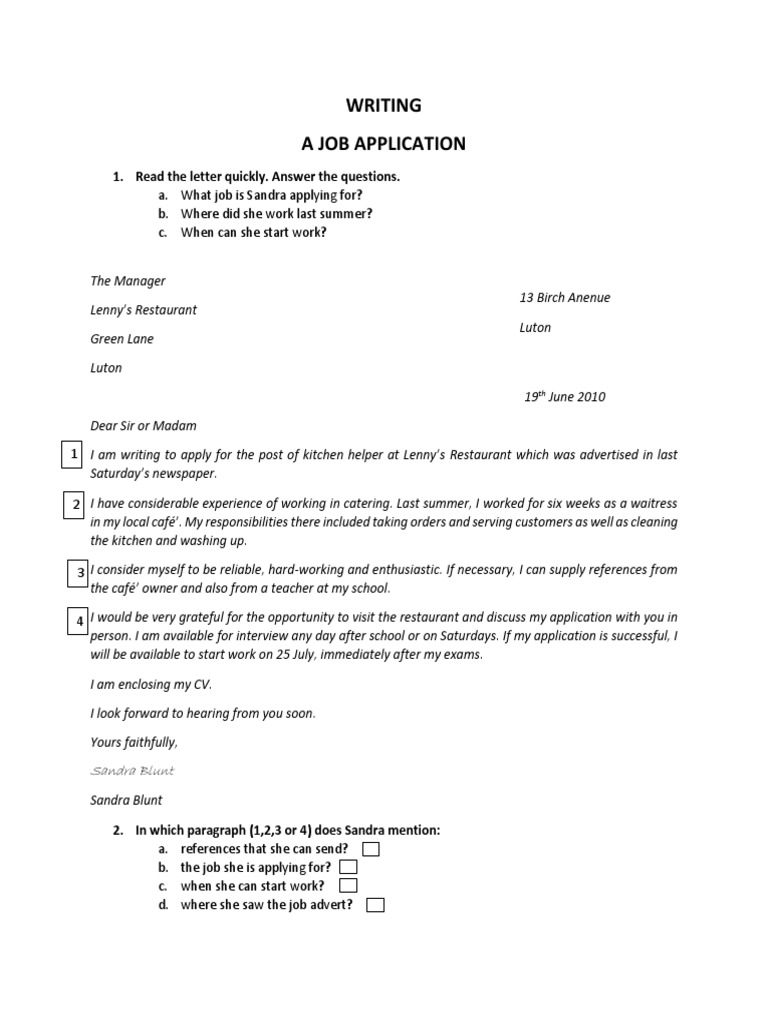 Writing A Job Application: 1. Read The Letter Quickly. Answer The ...