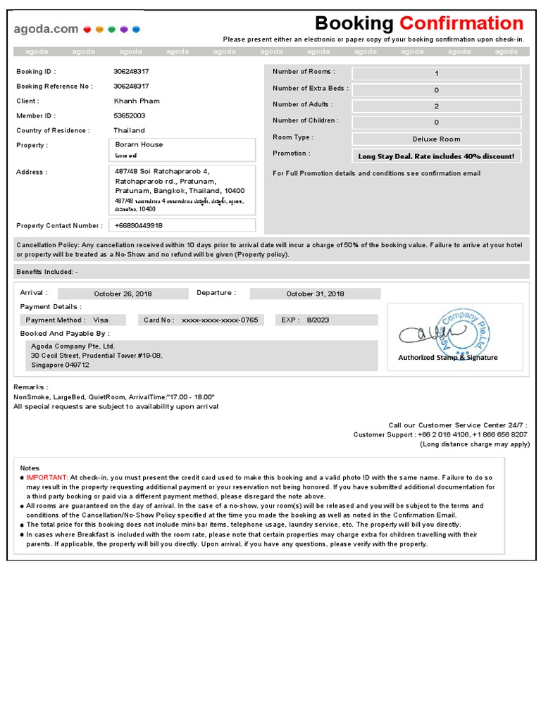 Confirmation For Booking ID # 306248317 Check-In (Arrival) PDF | PDF ...