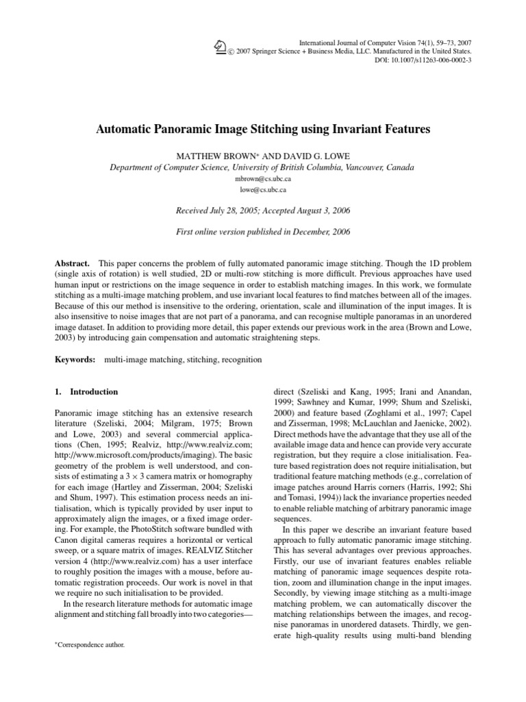 Automatic Panoramic Image Stitching Using Invariant Features | PDF | Imaging | Teaching Mathematics