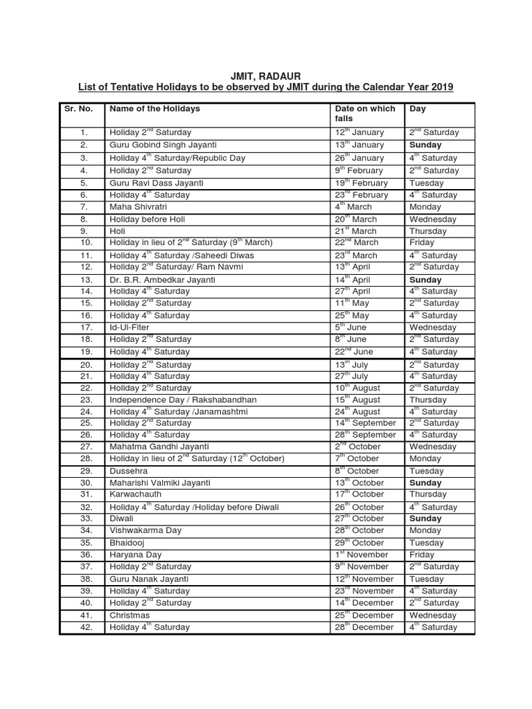 List of Holidays 2019 | PDF | Public Holiday | Religious Holidays