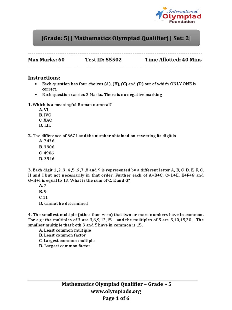 Grade: 5 - Mathematics Olympiad Qualifier - Set | PDF | Litre | Ratio