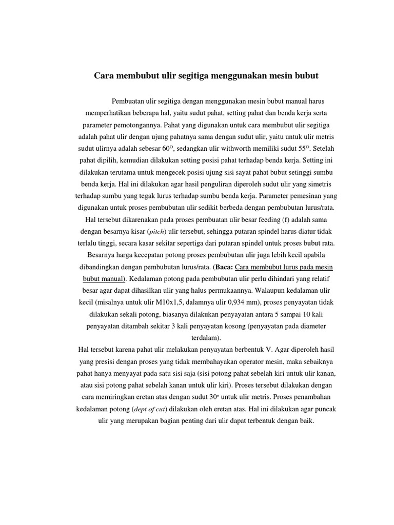 Cara Membubut Ulir Segitiga Menggunakan Mesin Bubut | PDF