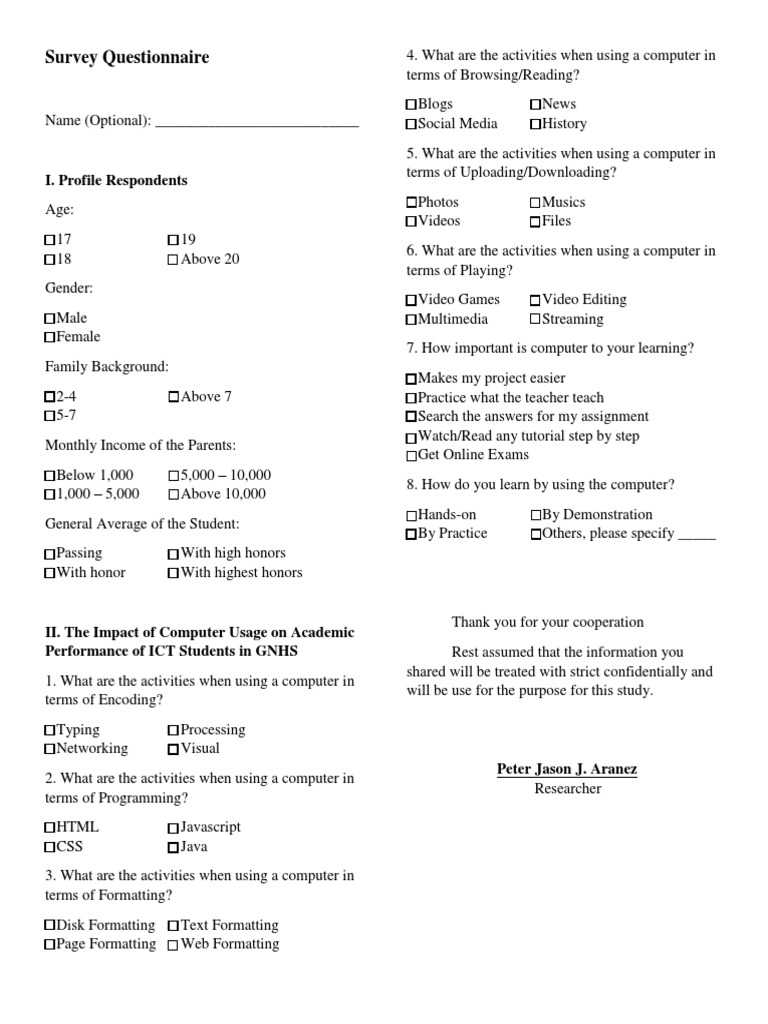 Survey Questionnaire: I. Profile Respondents | PDF | Educational ...