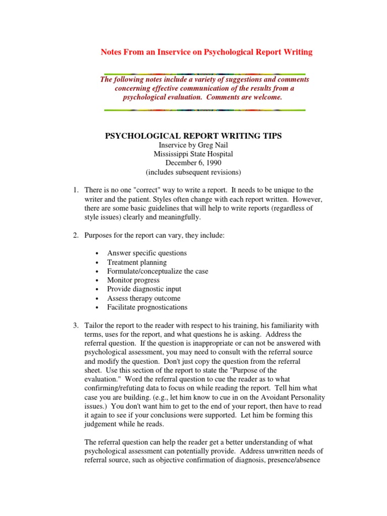 Tips in Psychological Report Writing | PDF | Psychological Evaluation ...