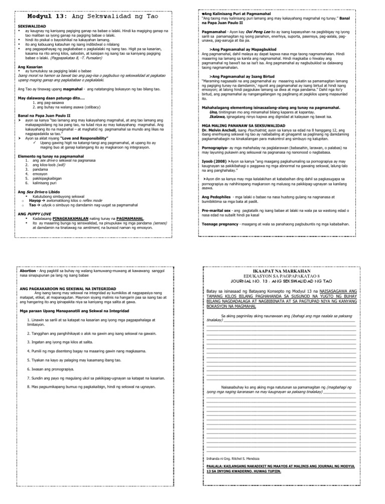 EsP 8 Modyul 13 Handouts & Journal | PDF
