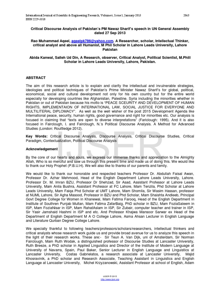 Critical Discourse Analysis of Pakistan PM Nawaz Sharif Speech in UN ...