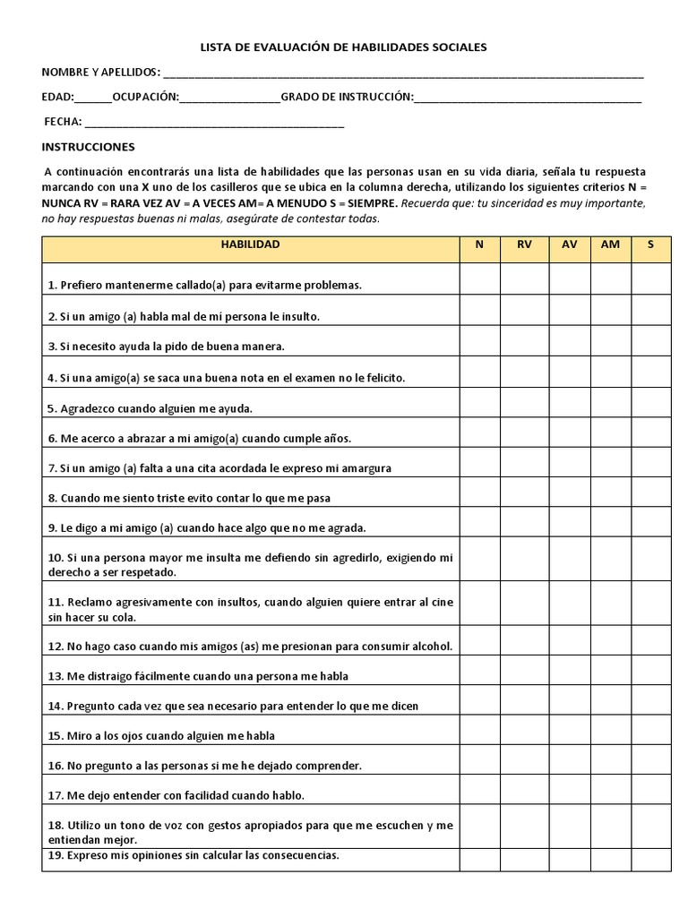 Lista de Evaluación de Habilidades Sociales | PDF | Ocio