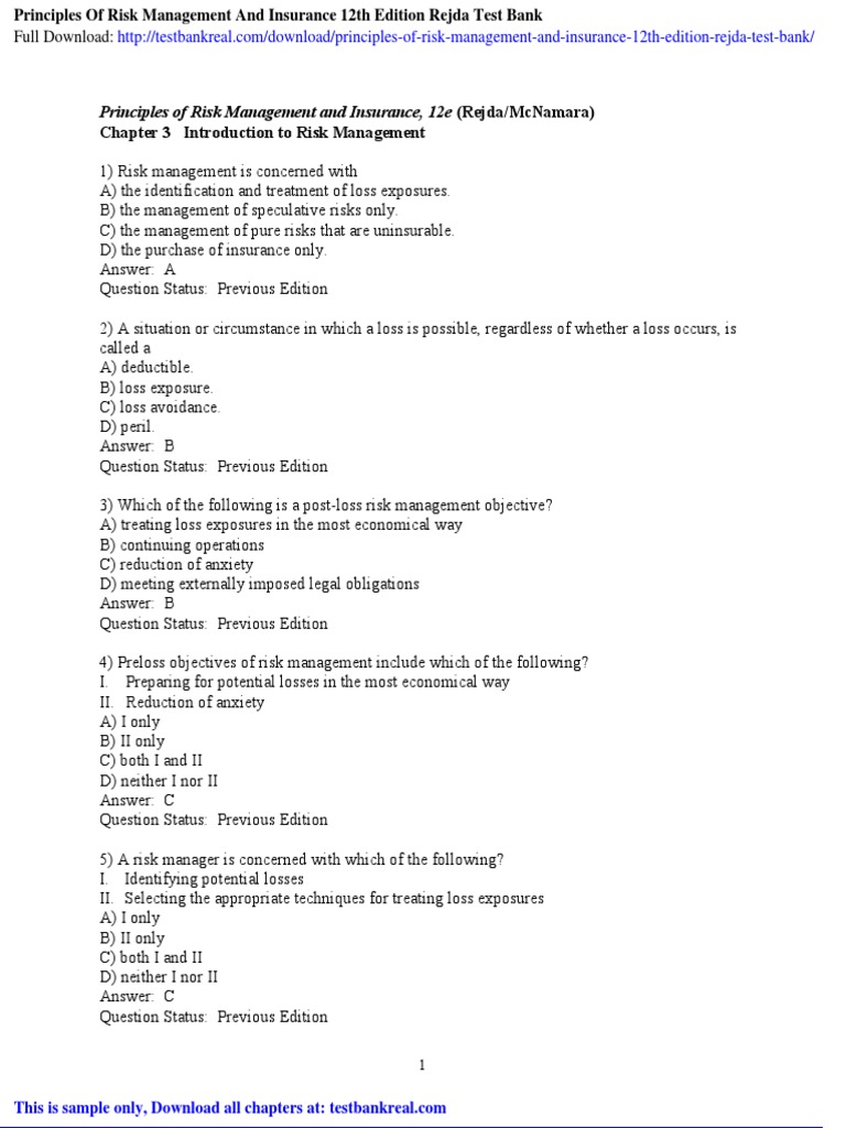 Principles of Risk Management and Insurance 12th Edition Rejda Test ...