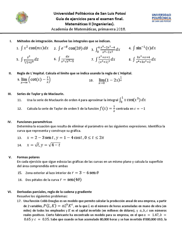 Guia - Final Mate 2 Ing Pr2018 | PDF | Integral | Degradado