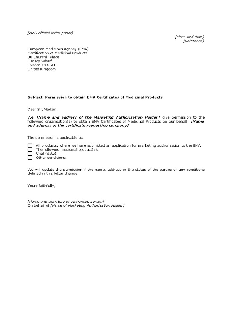 EMA Certificate Permission Letter | PDF