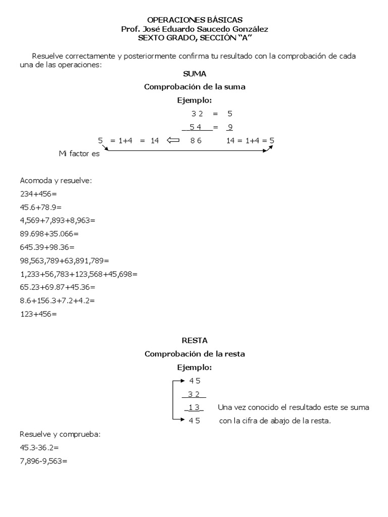 Ejercicios de Operaciones Basicas | PDF | Teoría del anillo | División (Matemáticas)