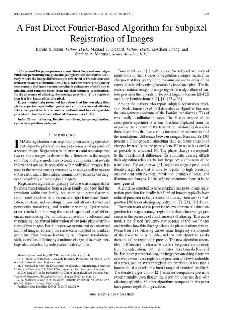 A Fast Direct Fourier-Based Algorithm For Subpixel Registration of Images | PDF | Spectral ...