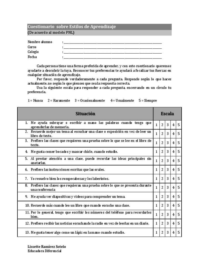 Cuestionario Estilos de Aprendizaje Modelo PNL | Cuestionario | Aprendizaje