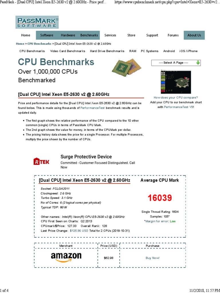 PassMark - (Dual CPU) Intel Xeon E5-2630 v2 at 2.60GHz - Price Performance Comparison PDF | PDF ...