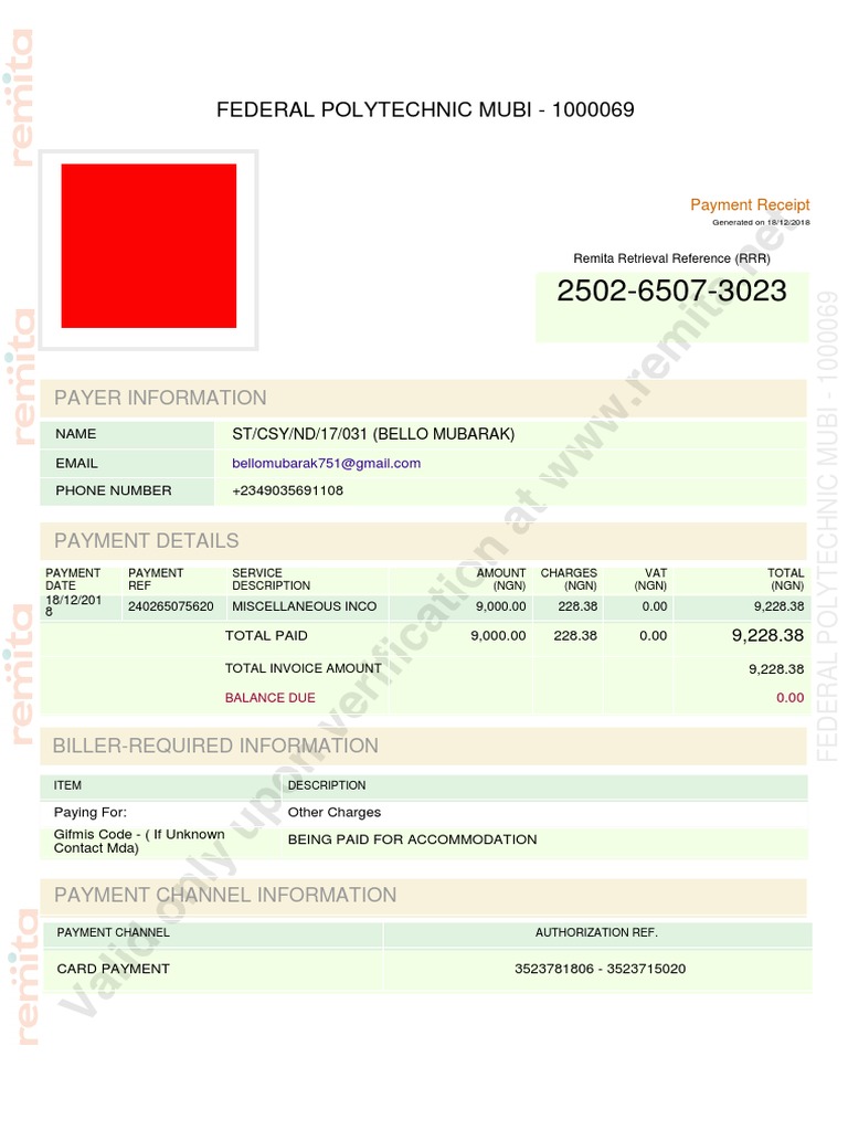 Federal Polytechnic Mubi - 1000069: Payer Information | PDF
