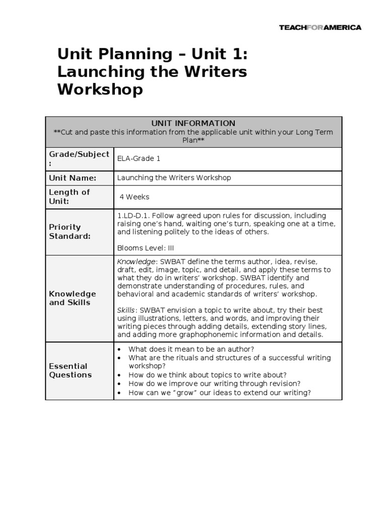 Writers Workshop Unit Plan for Grade 1 | PDF | Pedagogy | Cognition