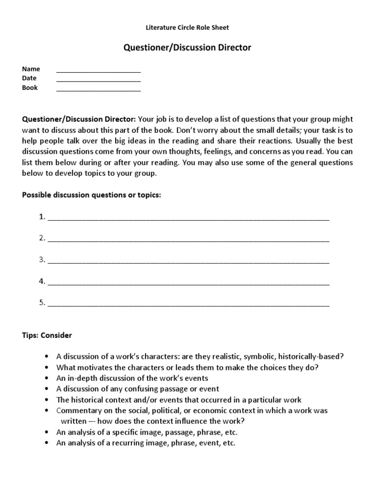 Literature Circle Role Sheets Guide | PDF | Books | Cognitive Science