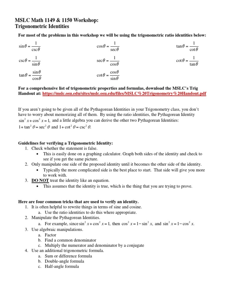 Trig Identities Handout | PDF | Trigonometric Functions | Sine