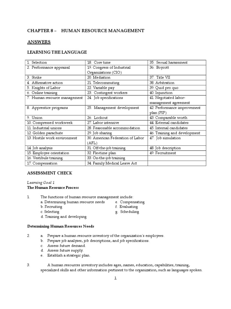 Chapter 8 - Human Resource Management Answers: Learning The Language | PDF