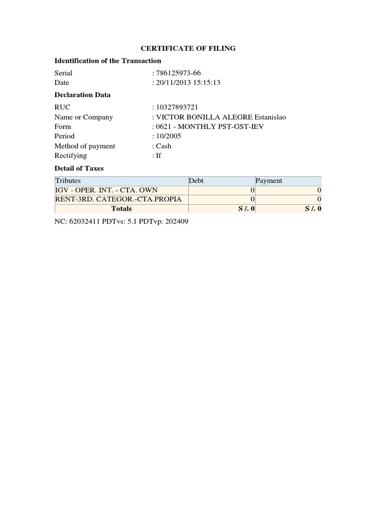 Certificate of Filing Identification of The Transaction | PDF