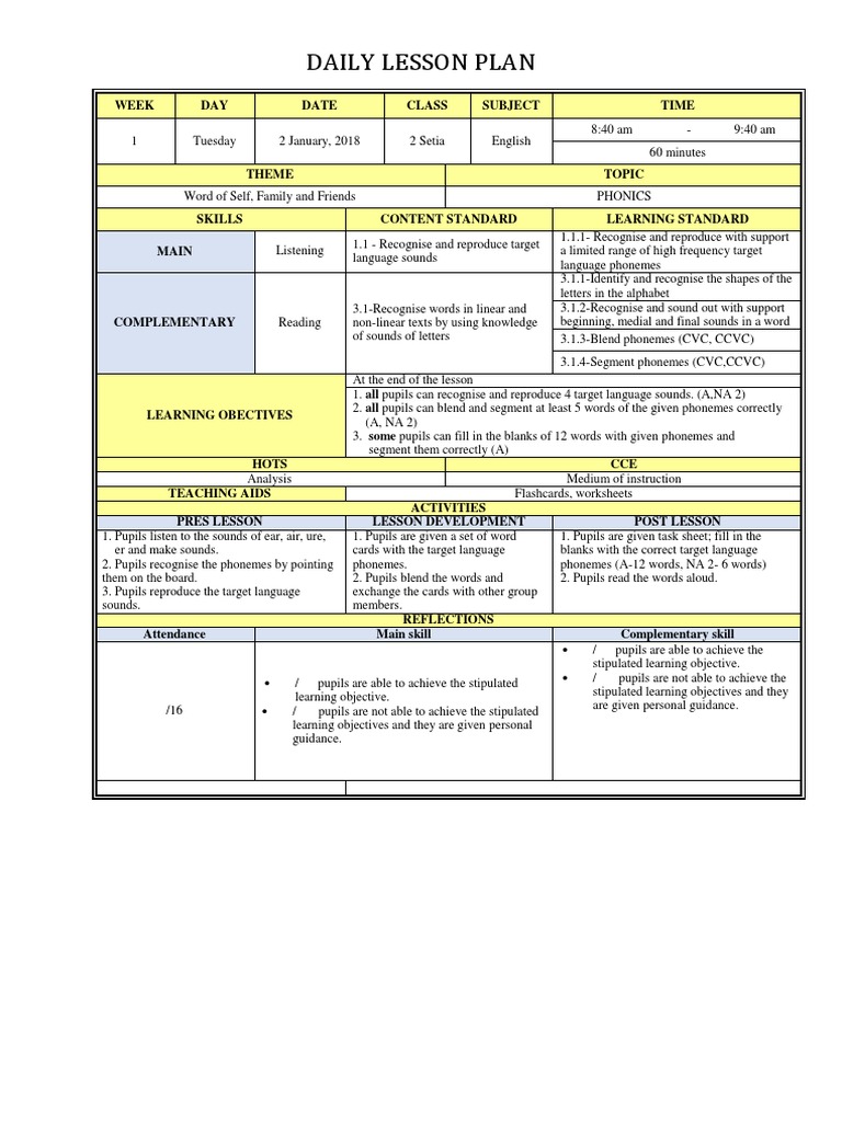 Daily Lesson Plan: Lesson Is Postponed Due To: Choose An Item | PDF ...