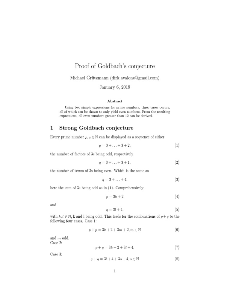 Proof of Goldbach's Conjecture | PDF | Prime Number | Algebra