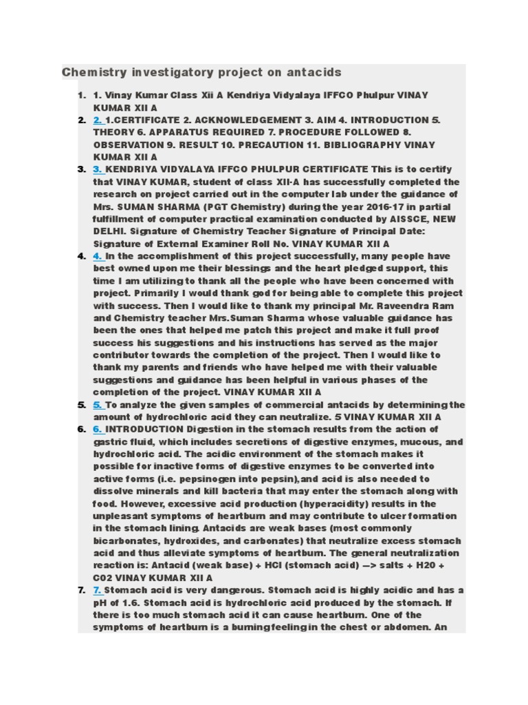 Chemistry Project: Antacid Analysis | PDF | Hydrochloric Acid | Titration