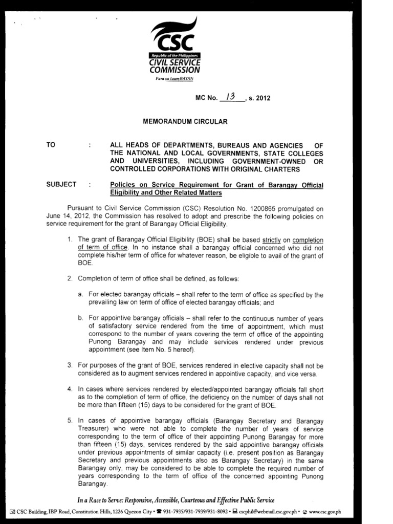 Csc Resolution on Brgy. Officials Eligibility