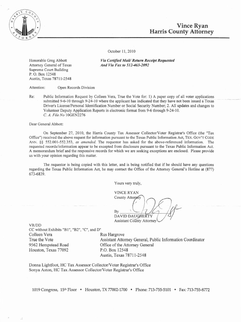 Vince Ryan Letter Requesting Ruling From AG On Request For Certain ...