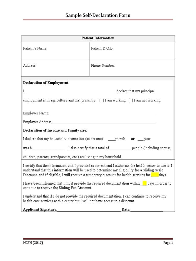 Sample Self-Declaration Form: Patient Information | PDF