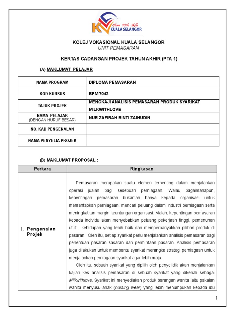 Kertas Cadangan Projek Tahun Akhir Pta 1 | PDF