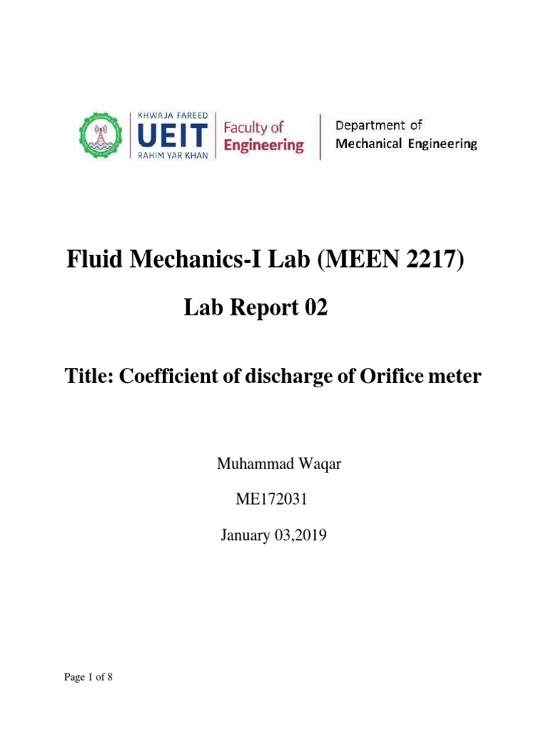 Determining the Coefficient of Discharge for an Orifice Meter Through Experimental Analysis of ...